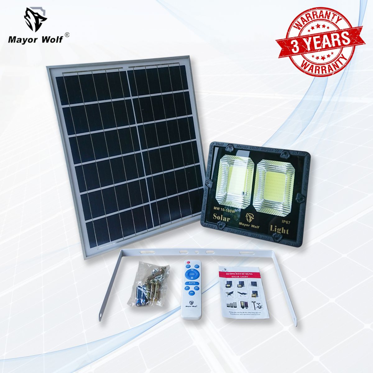 Đèn Năng Lượng Mặt Trời Mayorwolf 100W Hợp Kim Nhôm - Đèn Pha 2 Khoang